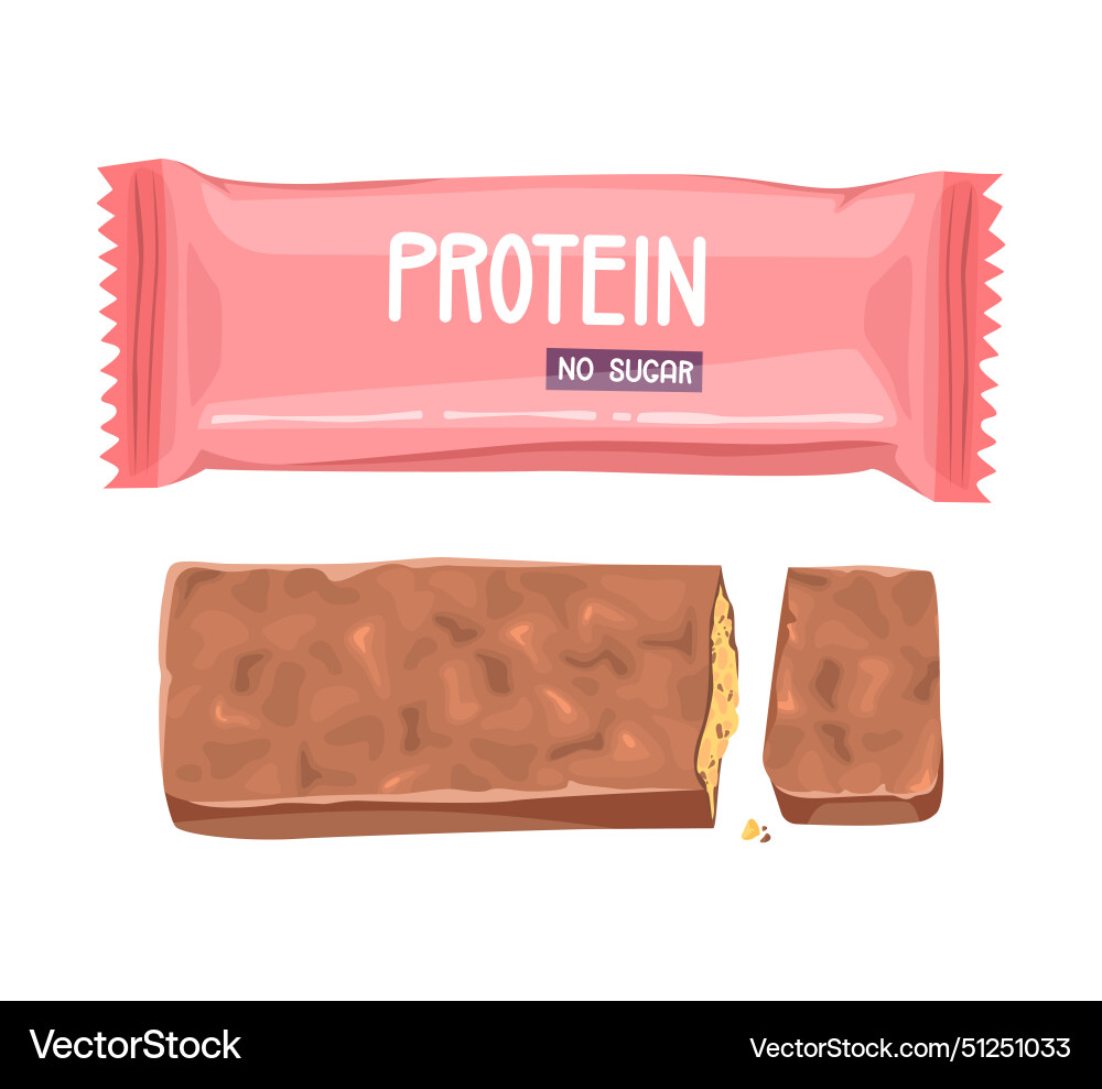 Protein bar in pink packaging and unwrapped Vector Image