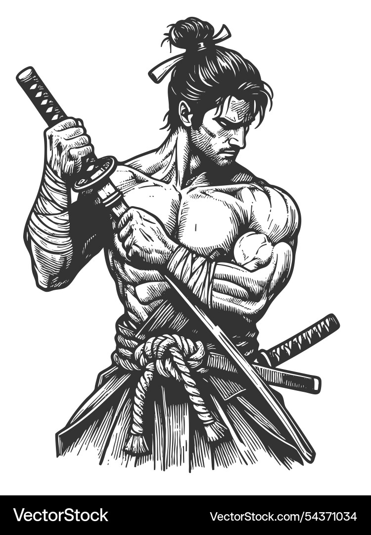 Bushido samurai with sword engraving Royalty Free Vector