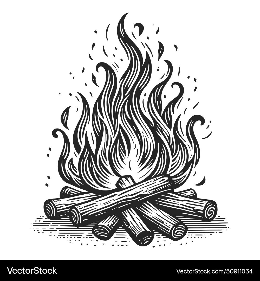 Campfire with roaring flames engraving Royalty Free Vector