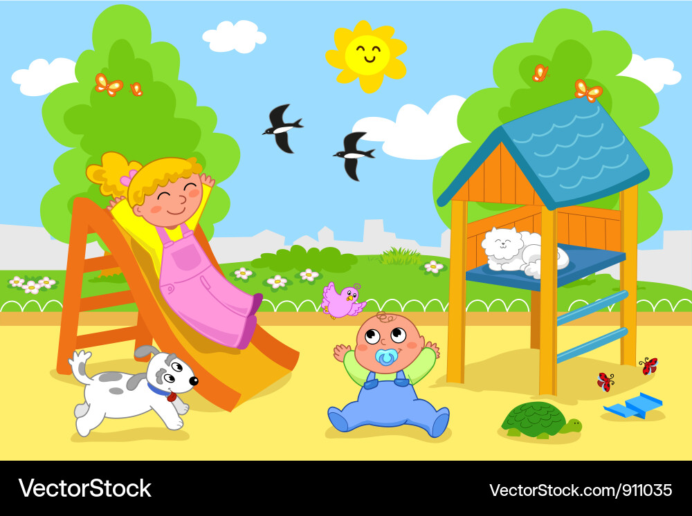 Cute children at the playground in spring Vector Image