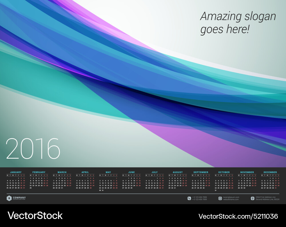 Calendar 2016 design template week starts monday Vector Image