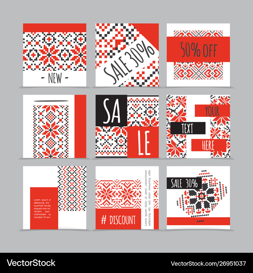 Colorful embroidery advertising cards composition Vector Image