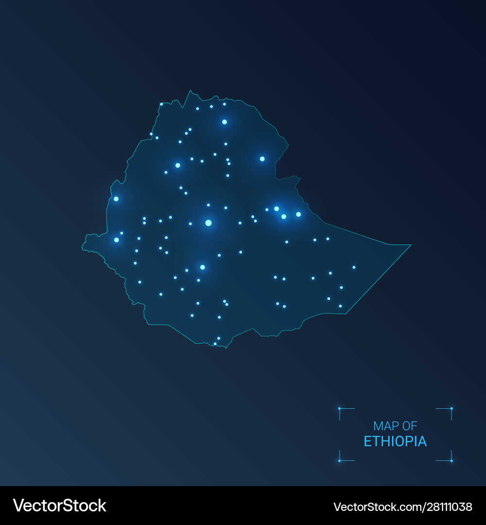 Ethiopia map with cities luminous dots - neon Vector Image