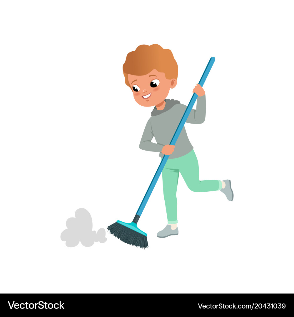 Cute little boy sweeping the floor at home Vector Image