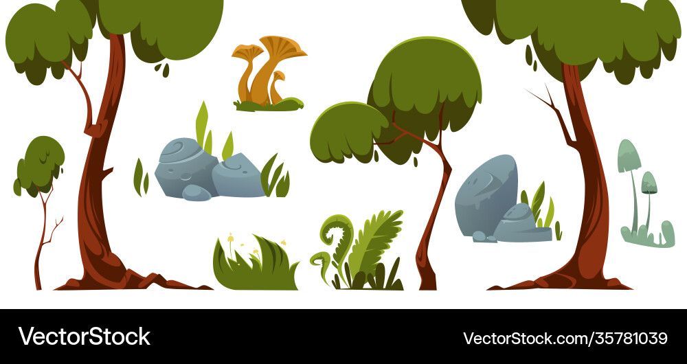 Forest landscape elements trees grass stones Vector Image