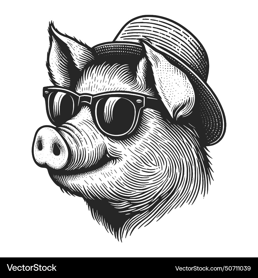 Stylish pig with sunglasses engraving Royalty Free Vector