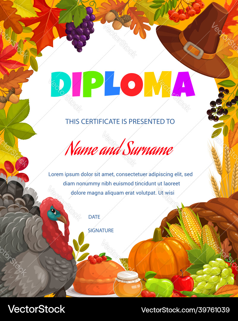 Thanksgiving Diploma - Turkey & Cornucopia Vector Image