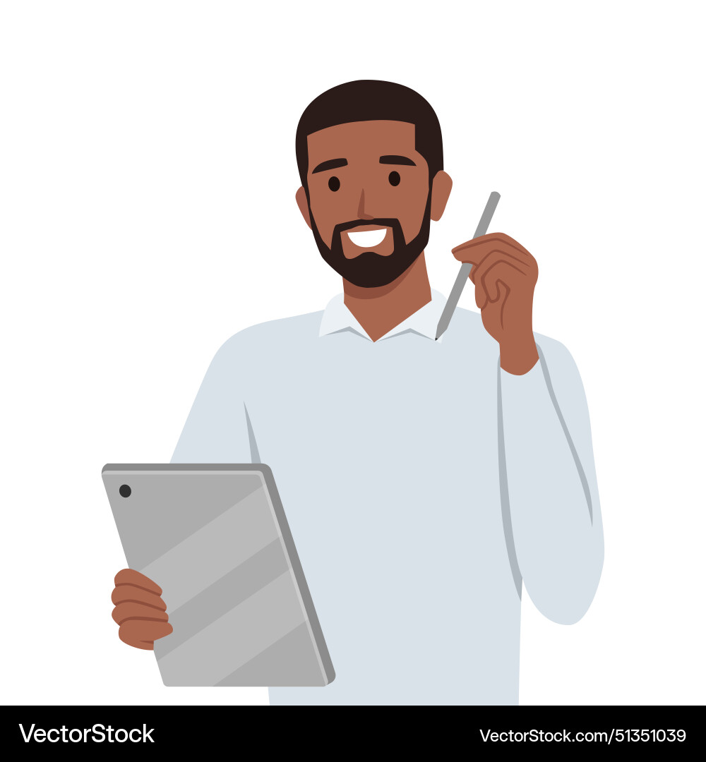 Young man using tablet look in distance dreaming Vector Image