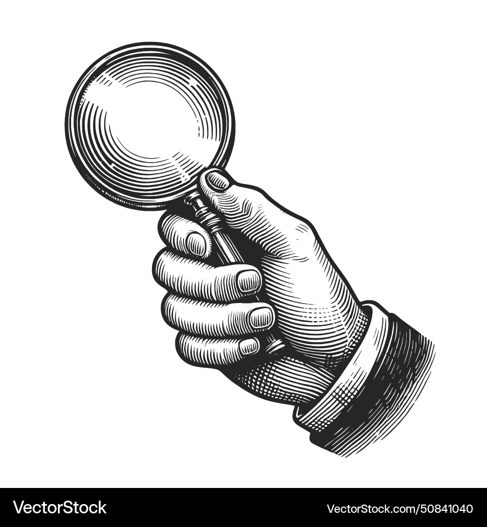 Hand holding magnifying glass engraving Royalty Free Vector