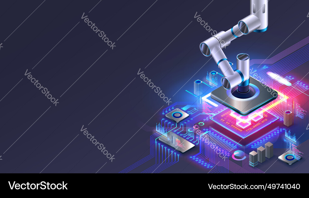 Industrial robot manipulator places electronic Vector Image