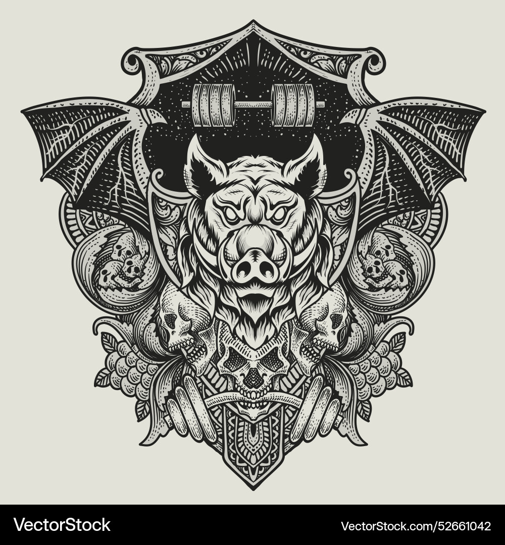 Baddas wild boar head with skull engraving Vector Image