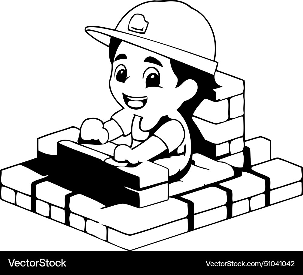Cartoon construction worker building brick wall Vector Image