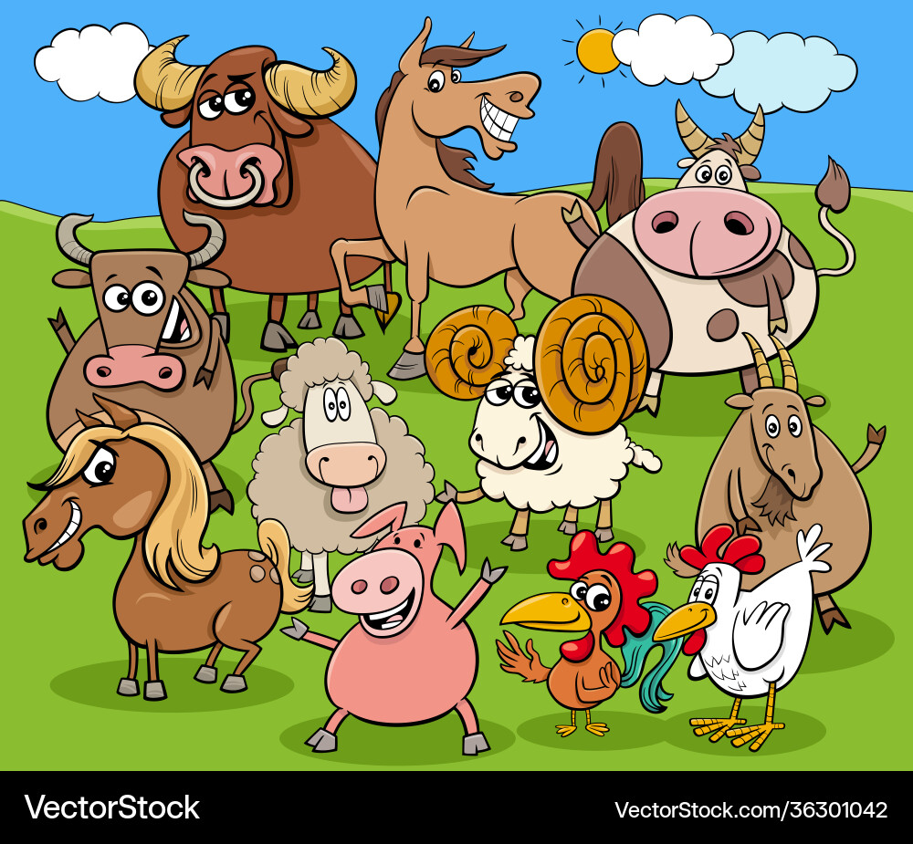 Funny cartoon farm animals characters group Vector Image