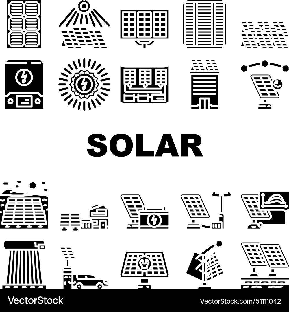 Solar panels energy power sun icons set Royalty Free Vector