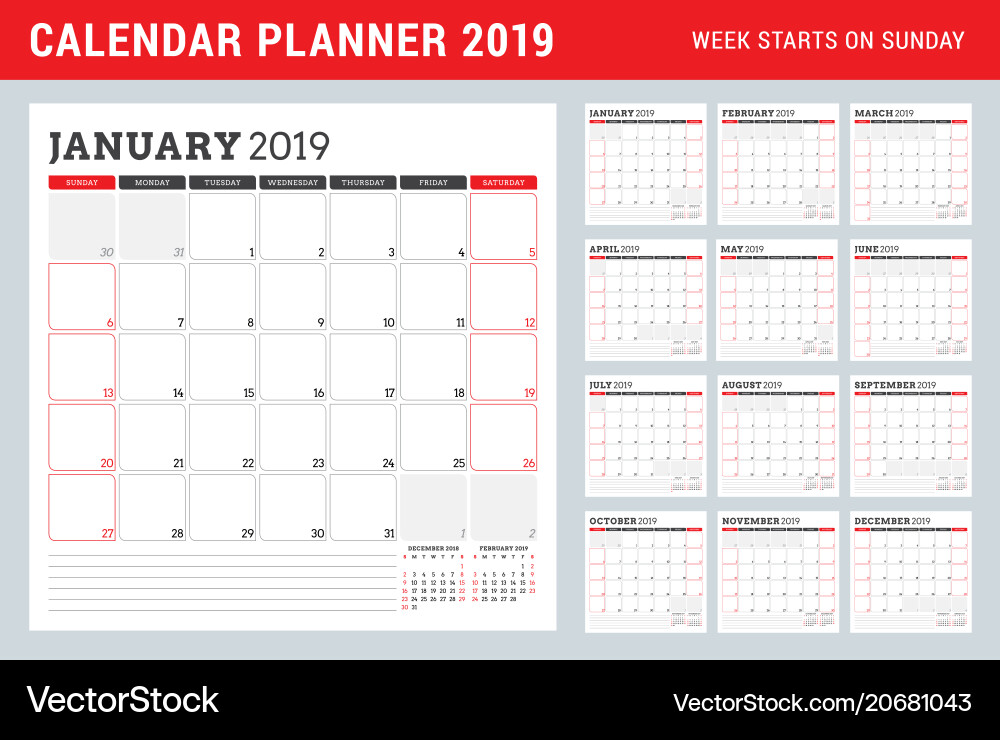 Kalenderplaner für 2019 Jahreswoche beginnt Vektorbild