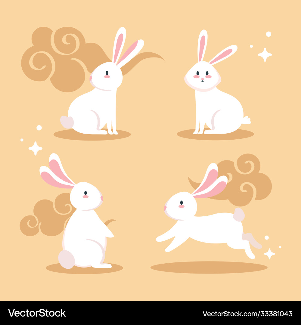 Cute white rabbits cartoons with clouds Royalty Free Vector