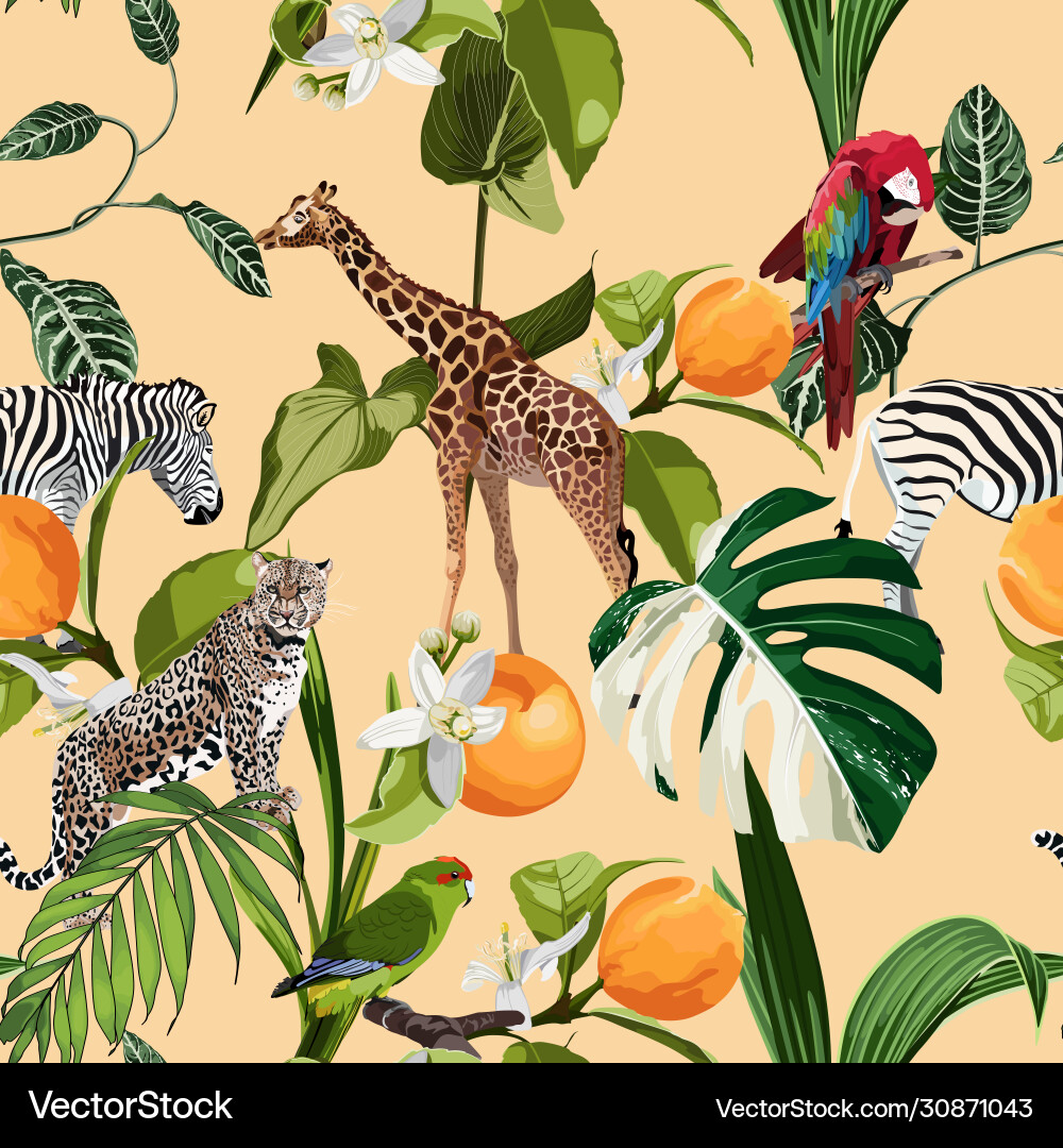 Seamless pattern with exotic trees and animals Vector Image