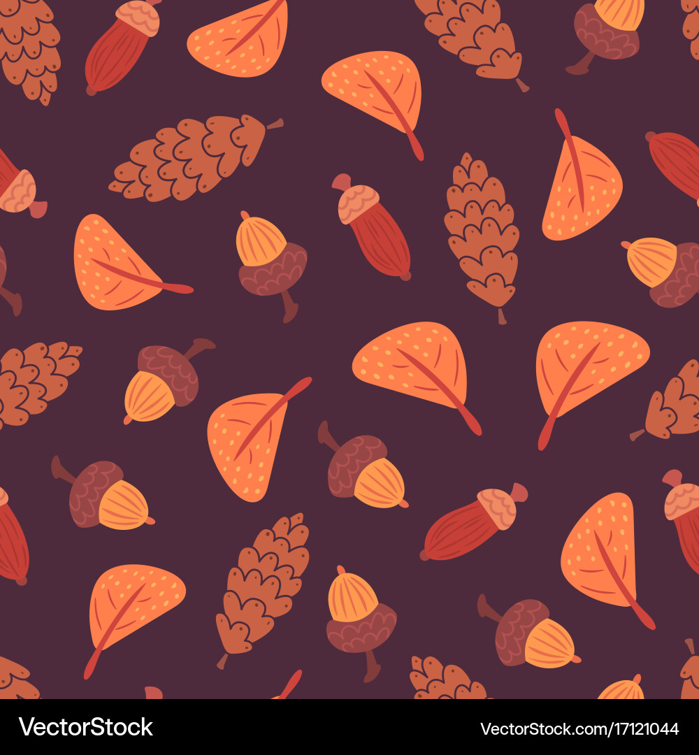 Flat leaves acorns and cones pattern Royalty Free Vector