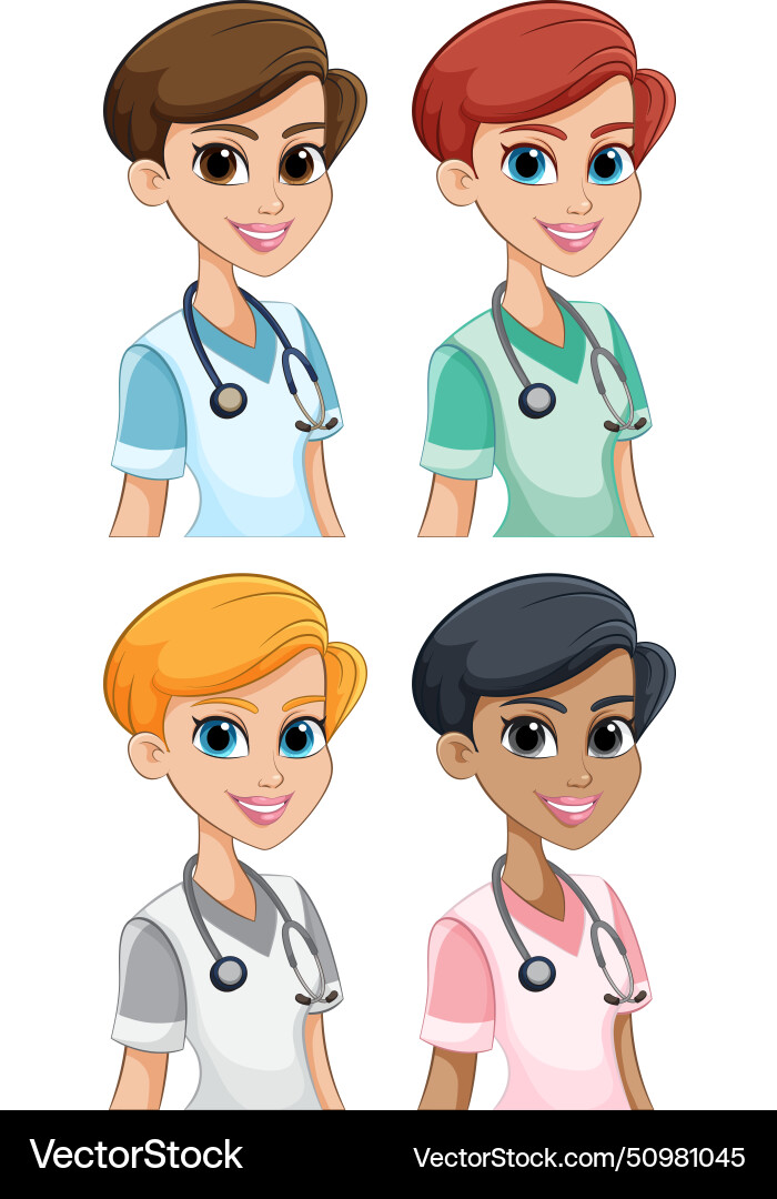 Four animated medical professionals smiling Vector Image