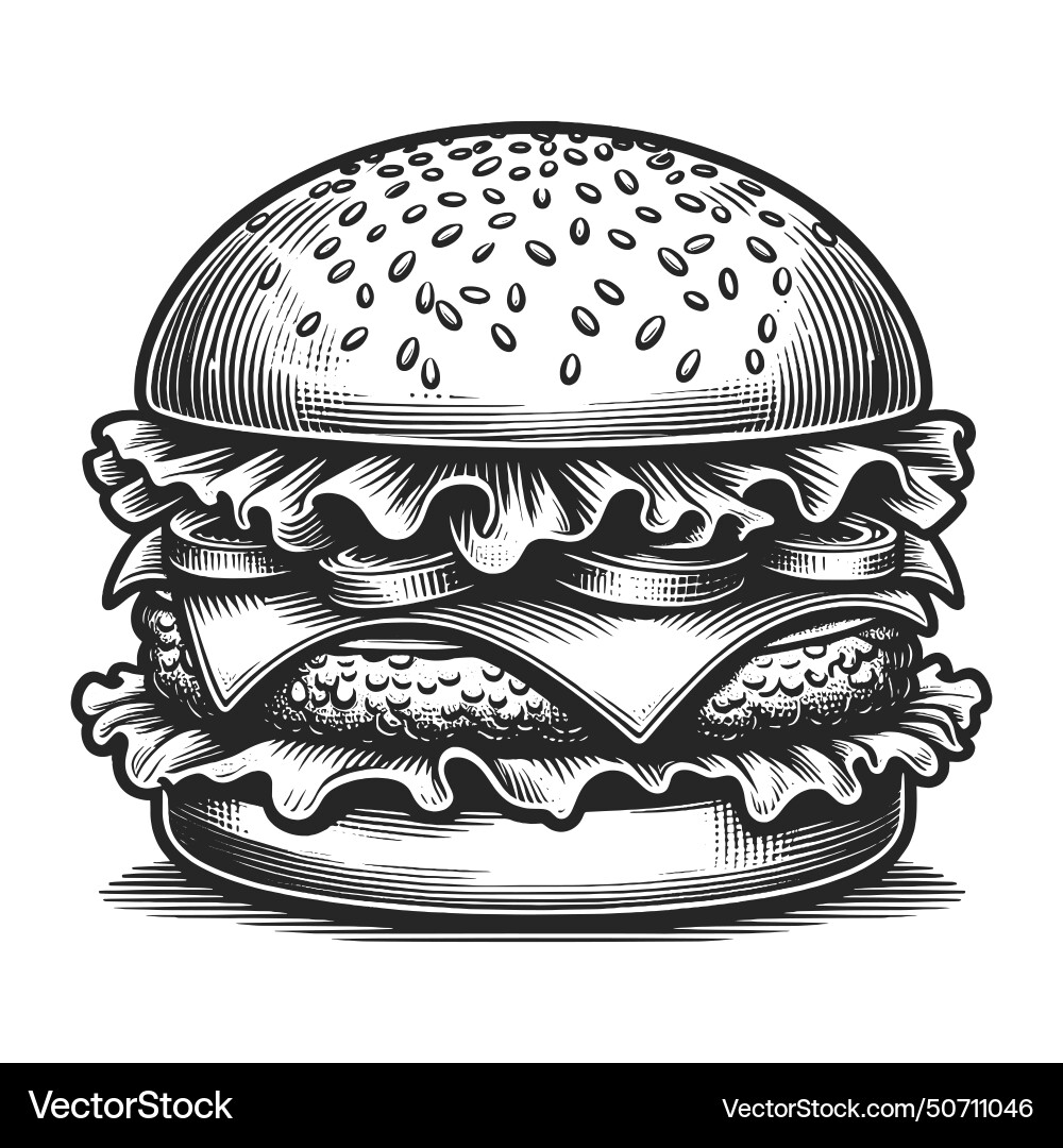Classic cheeseburger engraving sketch Royalty Free Vector