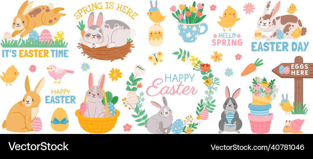 Spring easter cute animal characters and garden Vector Image