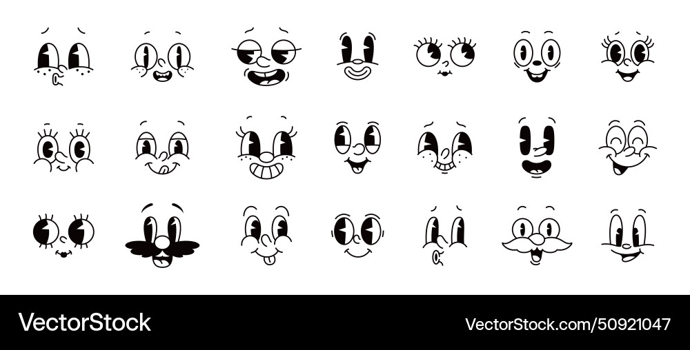 Cartoon comic groovy face emotions set Royalty Free Vector