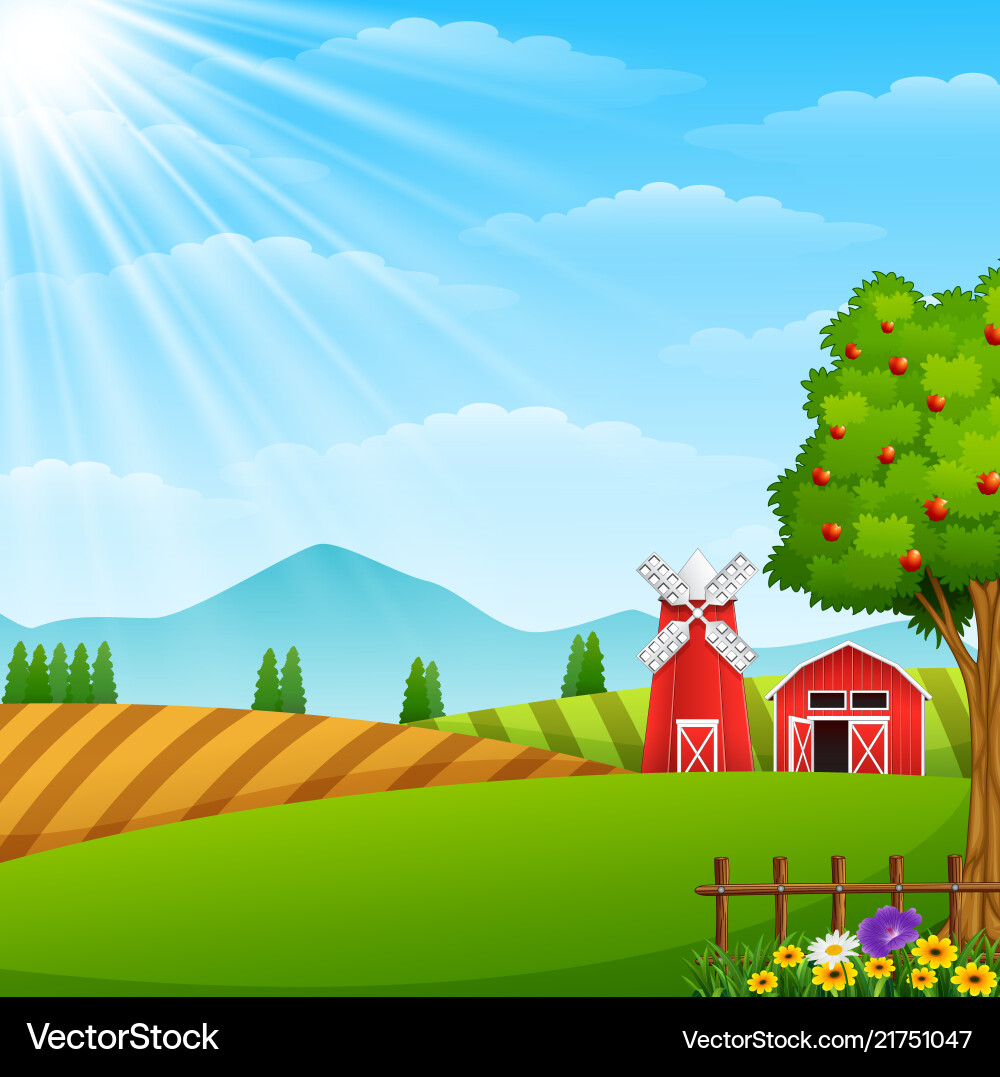 Farm landscape with shed and windmill Royalty Free Vector
