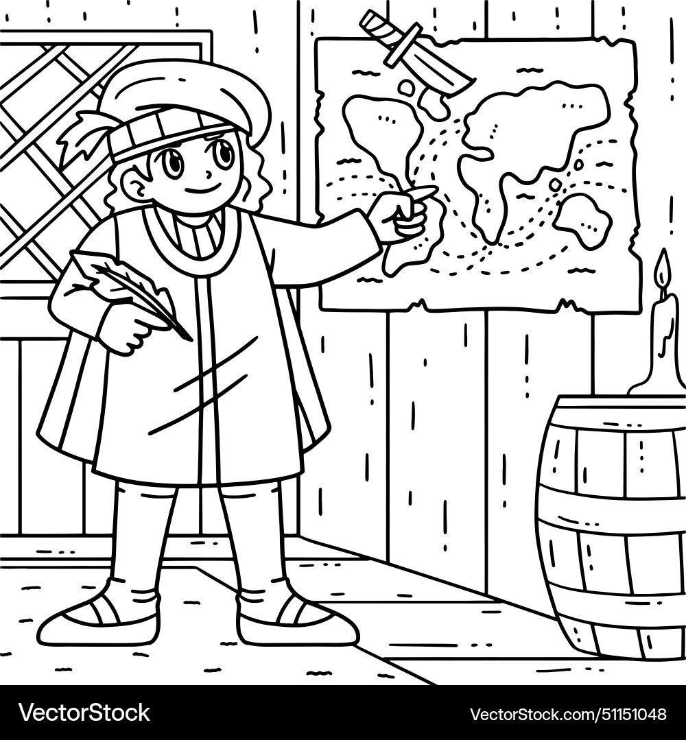 Columbus day man charting map coloring page Vector Image