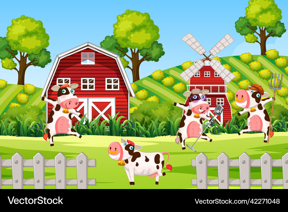 Farm scene with cows in the field Royalty Free Vector Image