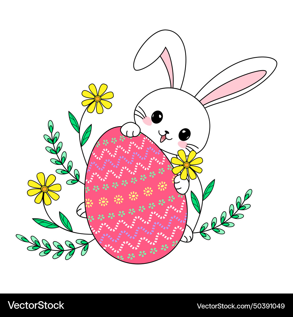 Cute white bunny peeking out from behind egg Vector Image