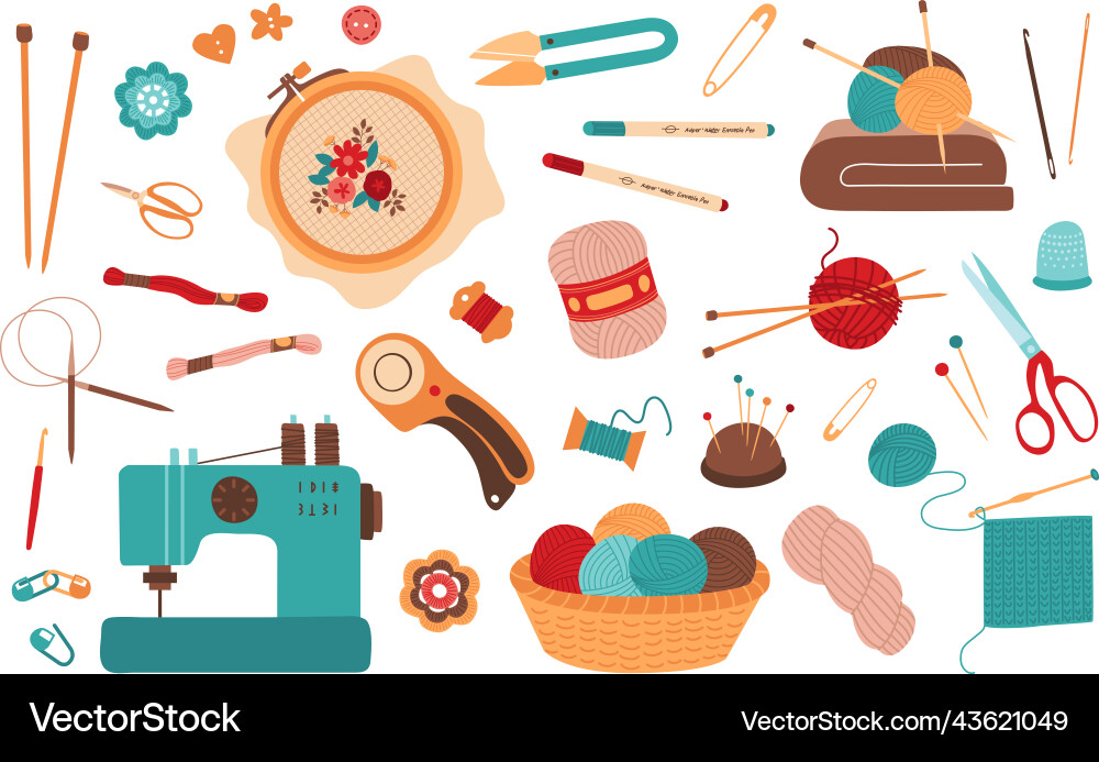 Knitting threads tools wool rolls crochet Vector Image