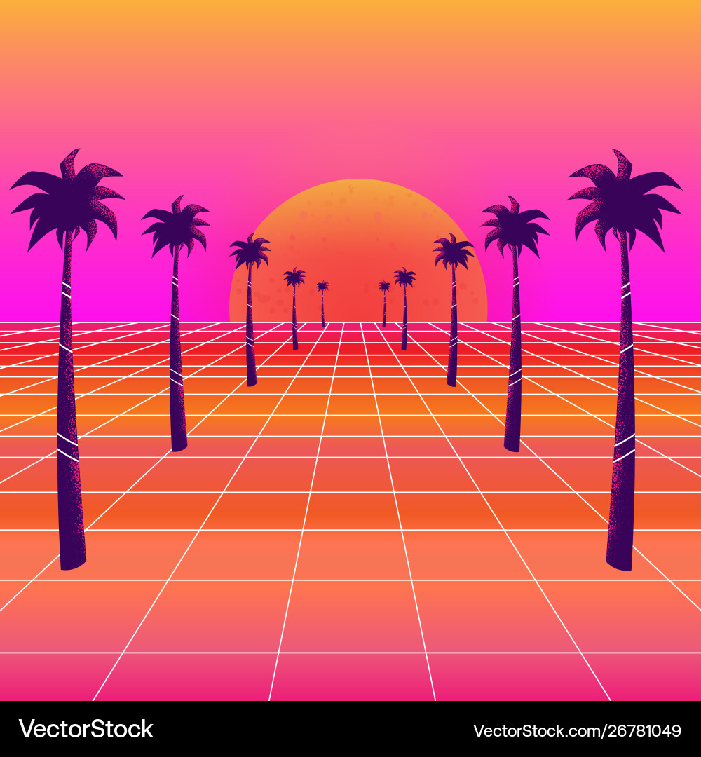 Synthwave sun and palm trees Royalty Free Vector Image