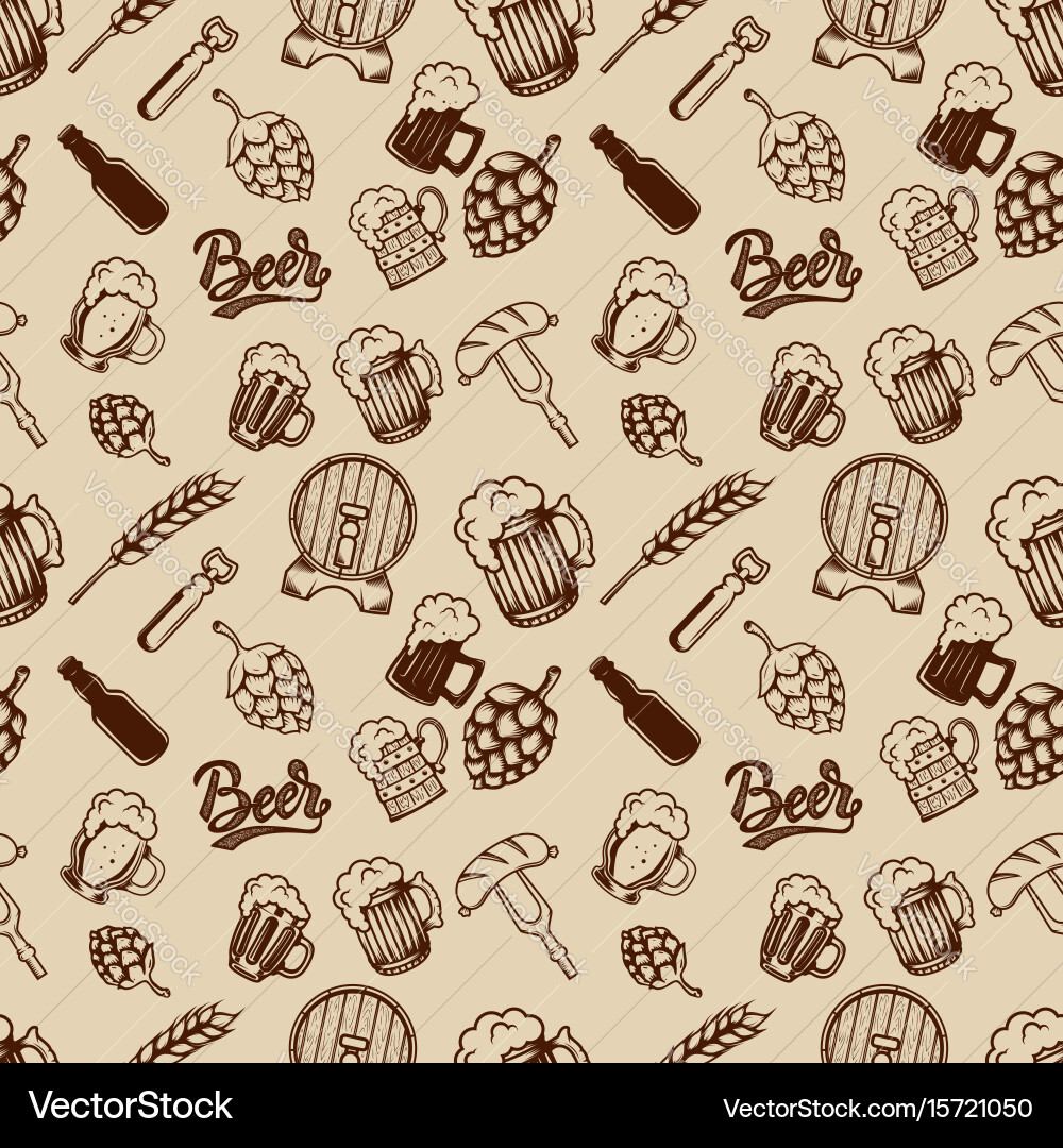Beer seamless pattern mugs bottles wheat Vector Image