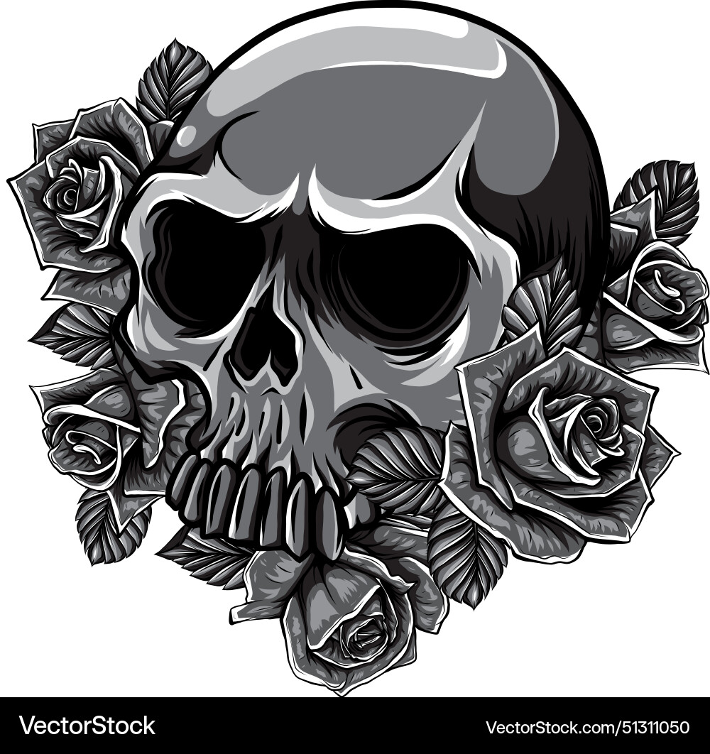 Monochrome skull with roses Royalty Free Vector Image