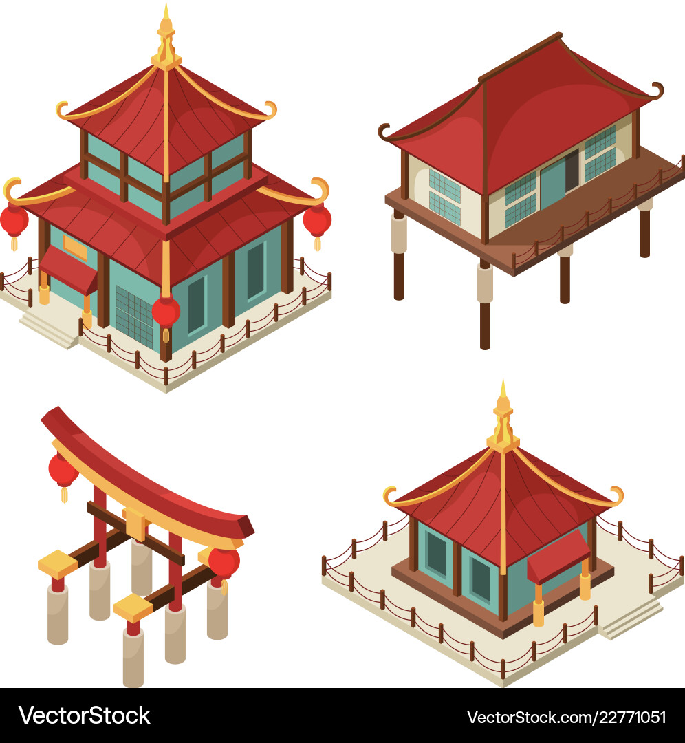 Asian buildings isometric chinese gate Royalty Free Vector