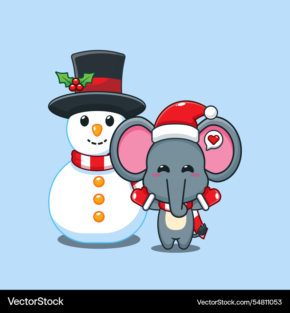 Cute elephant playing with snowman Royalty Free Vector Image
