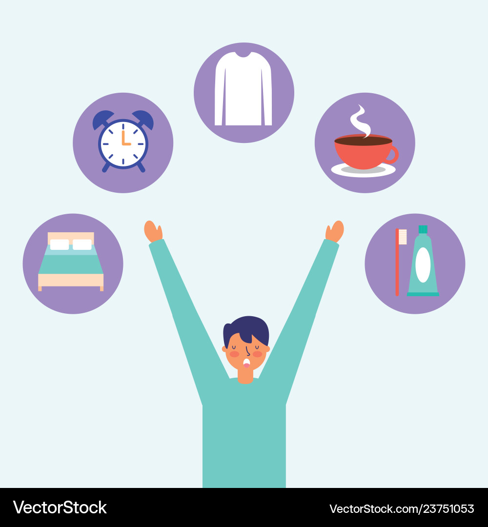 Daily activity man hands up coffee clock bed Vector Image