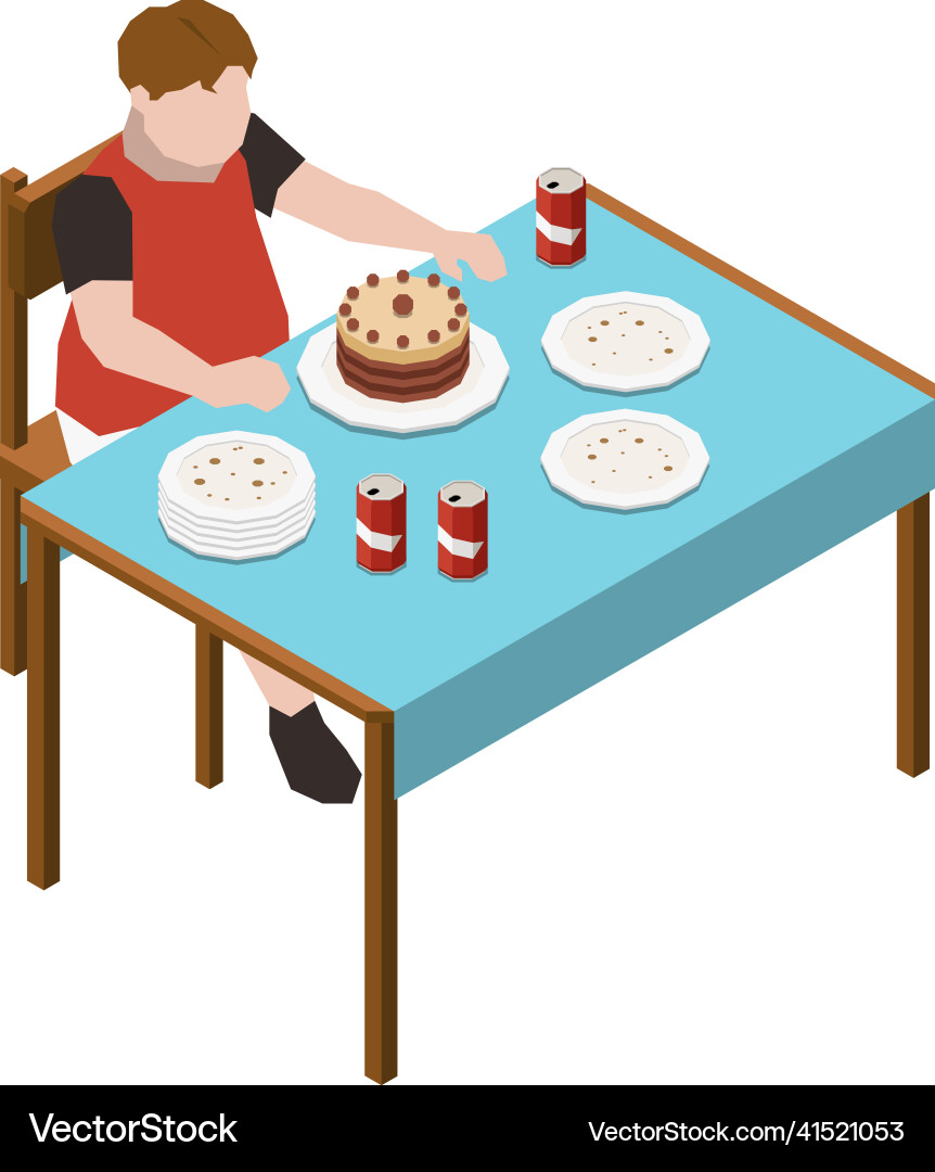 Overeating boy isometric composition Royalty Free Vector