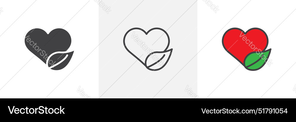 Leaf heart icon set black filled and outlined Vector Image