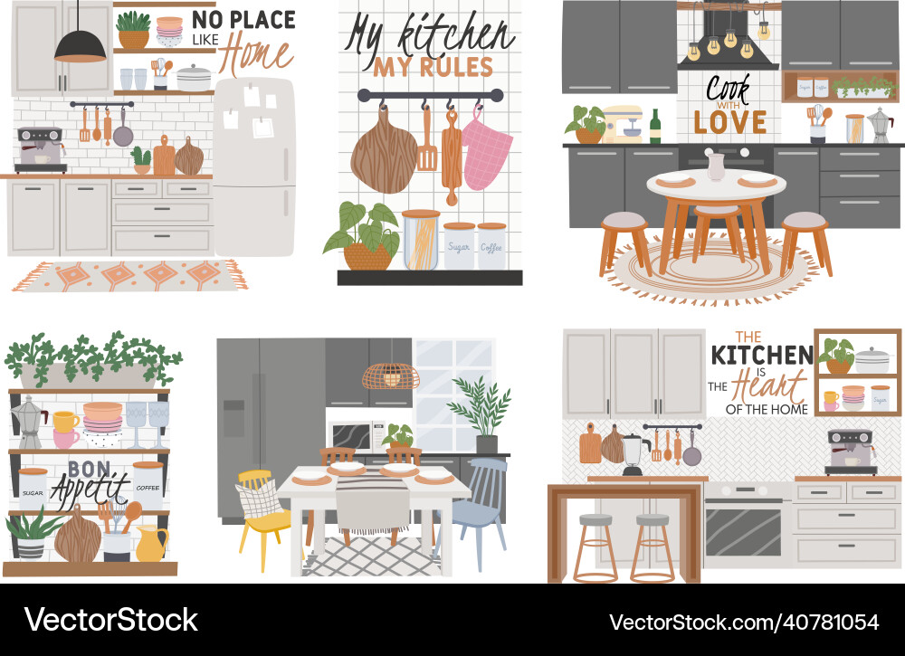 Posters with cozy kitchen room interiors and cook Vector Image