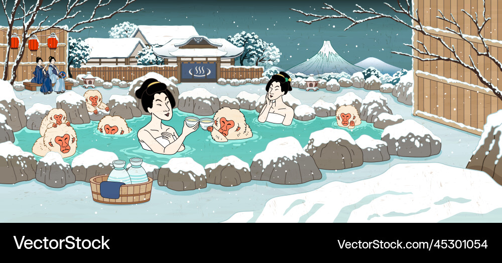 Ukiyo-e style hot spring scene Royalty Free Vector Image