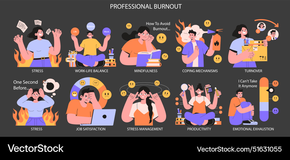 Professional burnout dark or night mode set Vector Image