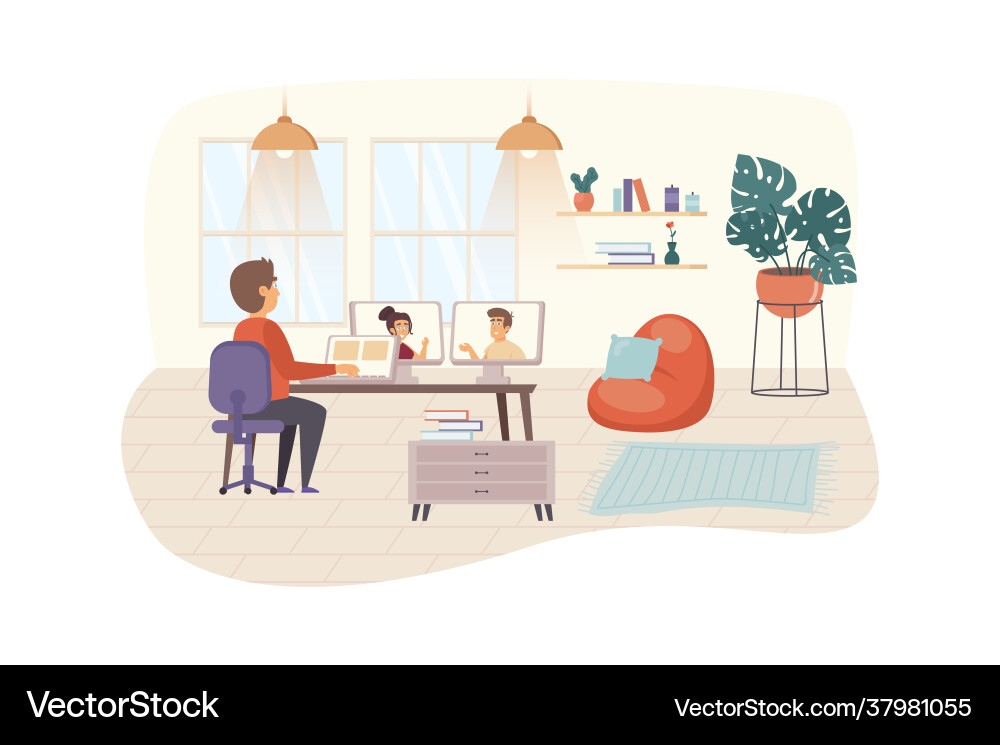 Video conferencing at home scene man having Vector Image