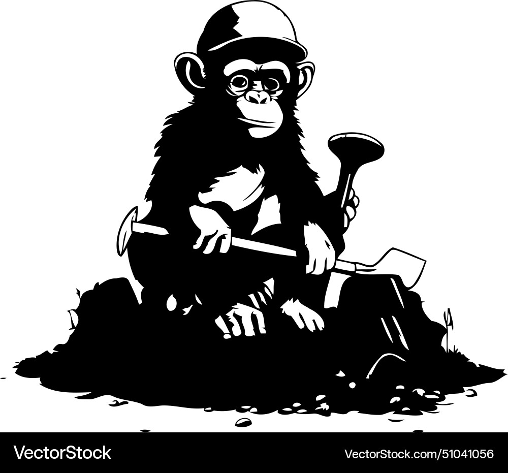 Chimpanzee with an ax and a stone Royalty Free Vector Image