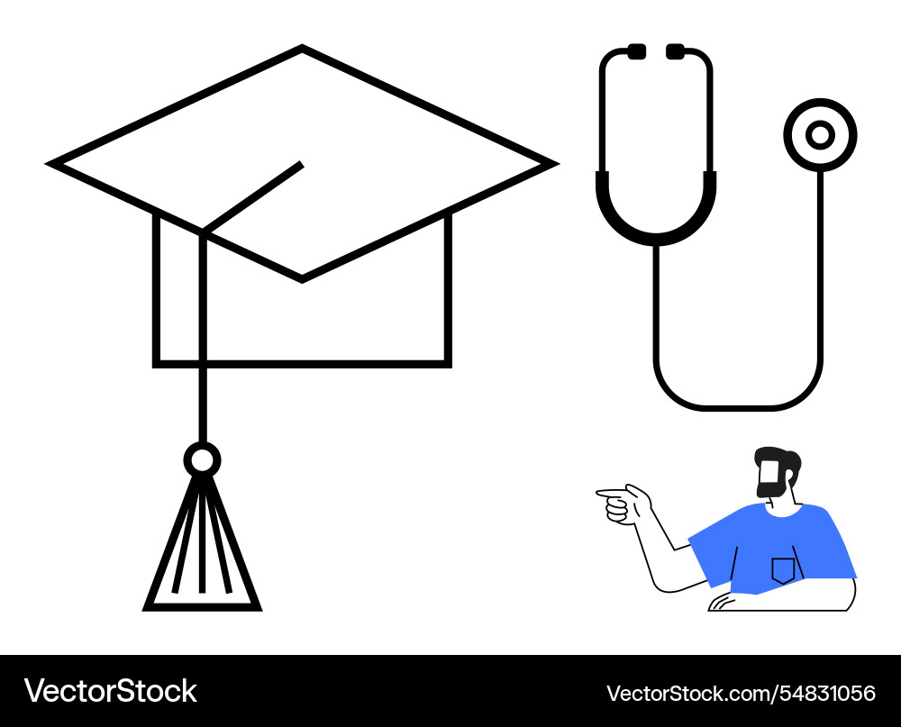 Graduierungskappe und Stethoskop mit einer Person Vektorbild