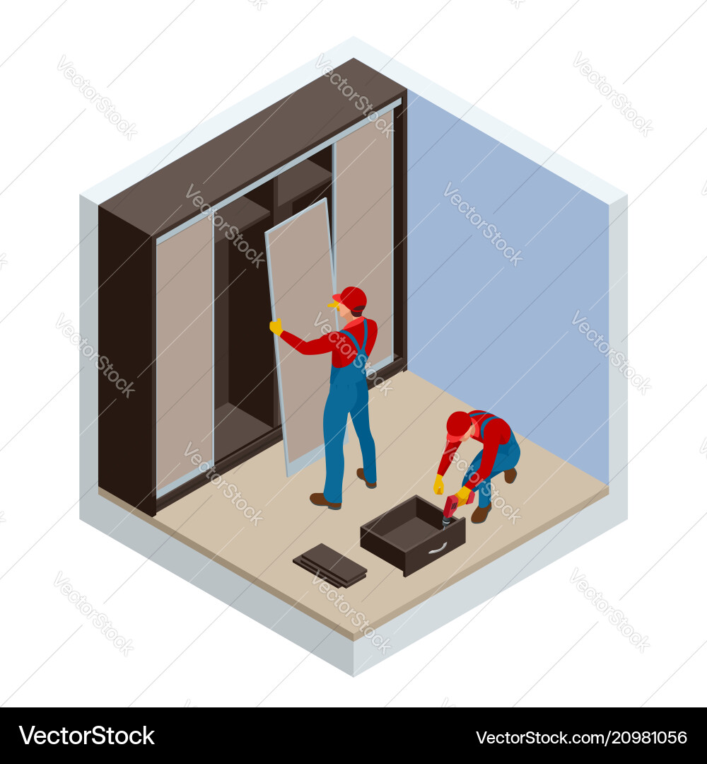 Isometric two carpenters workers joint and settle Vector Image