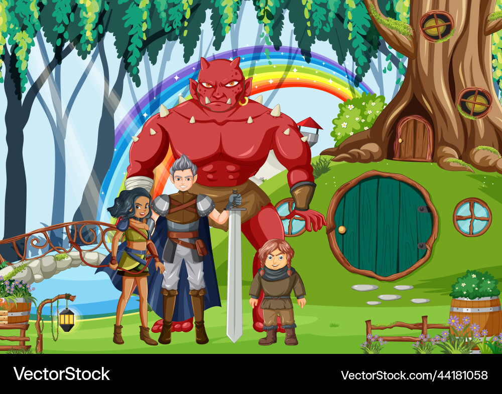 Enchanted scene with medieval cartoon characters Vector Image