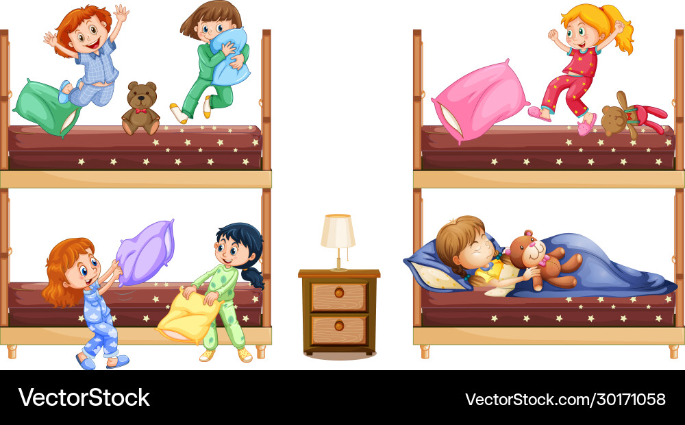 Scene with many girls playing and sleeping in bed Vector Image