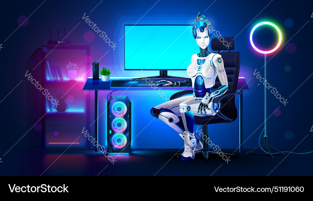 3d robot woman with ai used computer sitting Vector Image