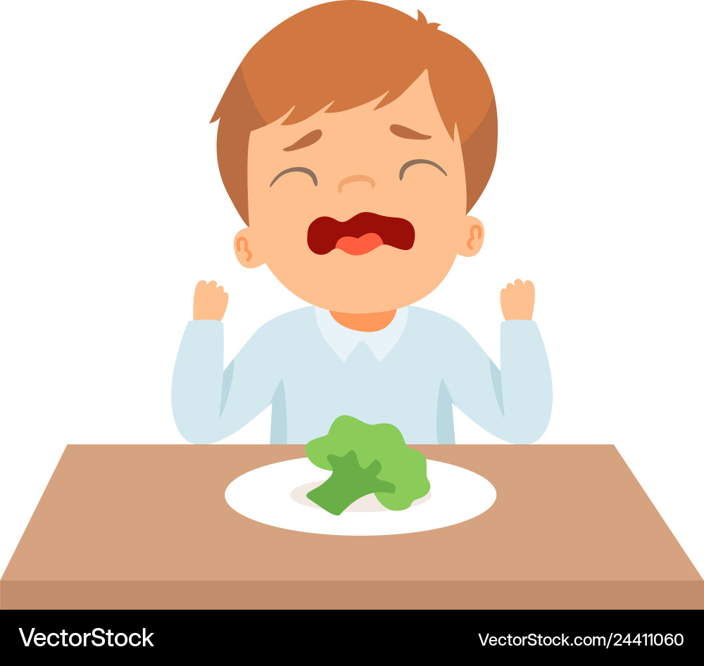 Crying little boy refusing to eat broccoli kid Vector Image